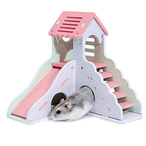 Felenny Wooden Hamster House Hamster Hideout Hut with Stairs & Slide Durable Exercise Toys DIY Assemble Deluxe Dual-Layer Villa Small Pet Play House for Squirrel Hedgehog Chinchilla (Pink)