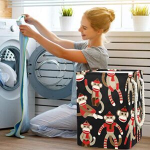 DJROW Laundry Organizer Christmas Sock Monkey Laundry Hamper Handles Waterproof Portable Washing Bin Bathroom College