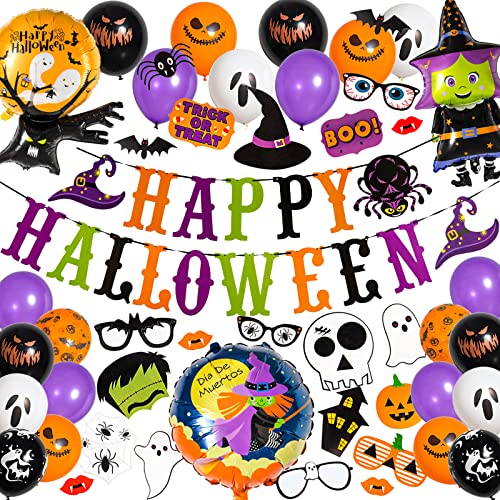 Whaline 60Pcs Halloween Balloons Party Decorations Set Happy Halloween Banner Latex Balloons with Ribbons Witch Ghost Tree Ball Halloween Party Foil Balloons Photo Props for Halloween Decor Supplies