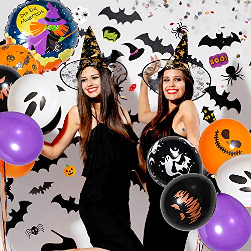 Whaline 60Pcs Halloween Balloons Party Decorations Set Happy Halloween Banner Latex Balloons with Ribbons Witch Ghost Tree Ball Halloween Party Foil Balloons Photo Props for Halloween Decor Supplies