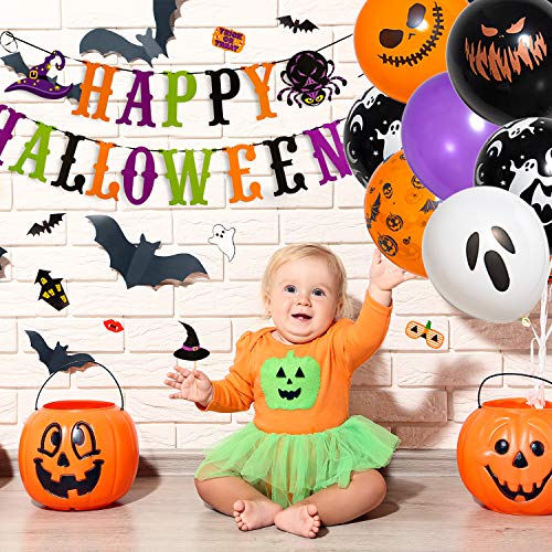 Whaline 60Pcs Halloween Balloons Party Decorations Set Happy Halloween Banner Latex Balloons with Ribbons Witch Ghost Tree Ball Halloween Party Foil Balloons Photo Props for Halloween Decor Supplies