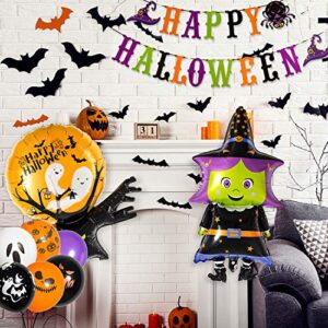 Whaline 60Pcs Halloween Balloons Party Decorations Set Happy Halloween Banner Latex Balloons with Ribbons Witch Ghost Tree Ball Halloween Party Foil Balloons Photo Props for Halloween Decor Supplies