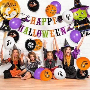 Whaline 60Pcs Halloween Balloons Party Decorations Set Happy Halloween Banner Latex Balloons with Ribbons Witch Ghost Tree Ball Halloween Party Foil Balloons Photo Props for Halloween Decor Supplies