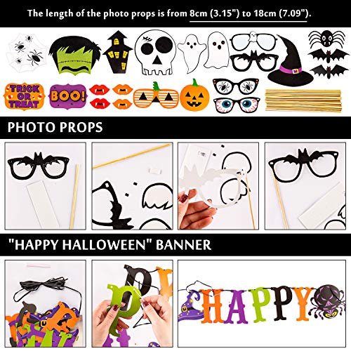 Whaline 60Pcs Halloween Balloons Party Decorations Set Happy Halloween Banner Latex Balloons with Ribbons Witch Ghost Tree Ball Halloween Party Foil Balloons Photo Props for Halloween Decor Supplies