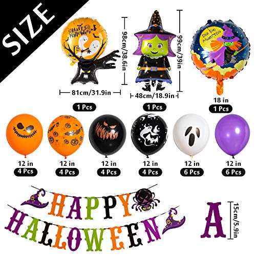 Whaline 60Pcs Halloween Balloons Party Decorations Set Happy Halloween Banner Latex Balloons with Ribbons Witch Ghost Tree Ball Halloween Party Foil Balloons Photo Props for Halloween Decor Supplies