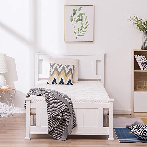 Bonnlo Twin Size Solid Wood Platform Bed Frame, Single Bed with Headboard, No Box Spring Needed Panel Bed, Wood Slat Support Mattress Foundation, White