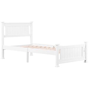 Bonnlo Twin Size Solid Wood Platform Bed Frame, Single Bed with Headboard, No Box Spring Needed Panel Bed, Wood Slat Support Mattress Foundation, White