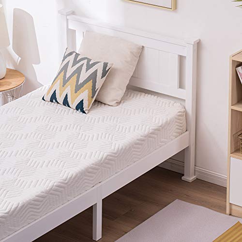 Bonnlo Twin Size Solid Wood Platform Bed Frame, Single Bed with Headboard, No Box Spring Needed Panel Bed, Wood Slat Support Mattress Foundation, White