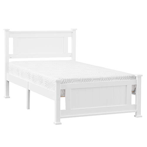 Bonnlo Twin Size Solid Wood Platform Bed Frame, Single Bed with Headboard, No Box Spring Needed Panel Bed, Wood Slat Support Mattress Foundation, White