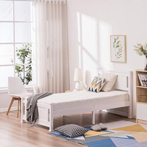 Bonnlo Twin Size Solid Wood Platform Bed Frame, Single Bed with Headboard, No Box Spring Needed Panel Bed, Wood Slat Support Mattress Foundation, White