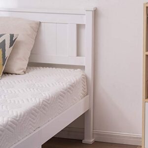 Bonnlo Twin Size Solid Wood Platform Bed Frame, Single Bed with Headboard, No Box Spring Needed Panel Bed, Wood Slat Support Mattress Foundation, White