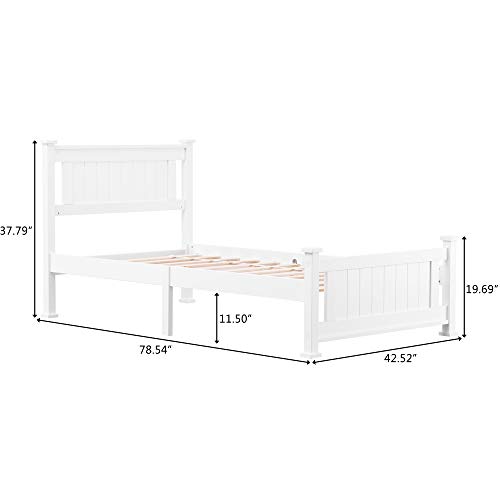 Bonnlo Twin Size Solid Wood Platform Bed Frame, Single Bed with Headboard, No Box Spring Needed Panel Bed, Wood Slat Support Mattress Foundation, White