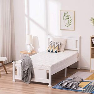 Bonnlo Twin Size Solid Wood Platform Bed Frame, Single Bed with Headboard, No Box Spring Needed Panel Bed, Wood Slat Support Mattress Foundation, White