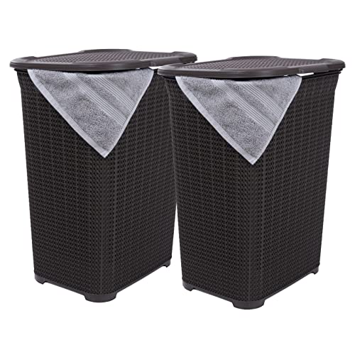 Plastic Laundry Hamper with Lid, 2 Pack Knit Designed Laundry Hamper Basket, 50 Liter Brown Cloths Hamper Organizer with Cut-out Handles. Space Saving for Laundry Room Bedroom Bathroom.