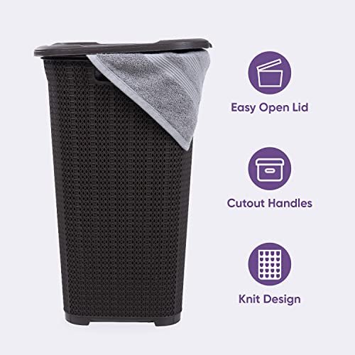 Plastic Laundry Hamper with Lid, 2 Pack Knit Designed Laundry Hamper Basket, 50 Liter Brown Cloths Hamper Organizer with Cut-out Handles. Space Saving for Laundry Room Bedroom Bathroom.