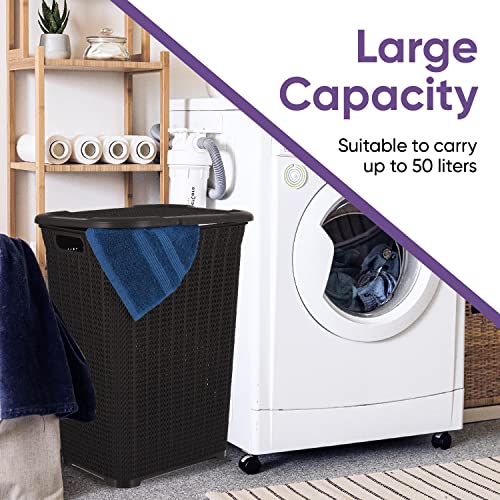 Plastic Laundry Hamper with Lid, 2 Pack Knit Designed Laundry Hamper Basket, 50 Liter Brown Cloths Hamper Organizer with Cut-out Handles. Space Saving for Laundry Room Bedroom Bathroom.