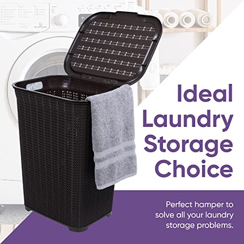 Plastic Laundry Hamper with Lid, 2 Pack Knit Designed Laundry Hamper Basket, 50 Liter Brown Cloths Hamper Organizer with Cut-out Handles. Space Saving for Laundry Room Bedroom Bathroom.