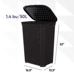 Plastic Laundry Hamper with Lid, 2 Pack Knit Designed Laundry Hamper Basket, 50 Liter Brown Cloths Hamper Organizer with Cut-out Handles. Space Saving for Laundry Room Bedroom Bathroom.