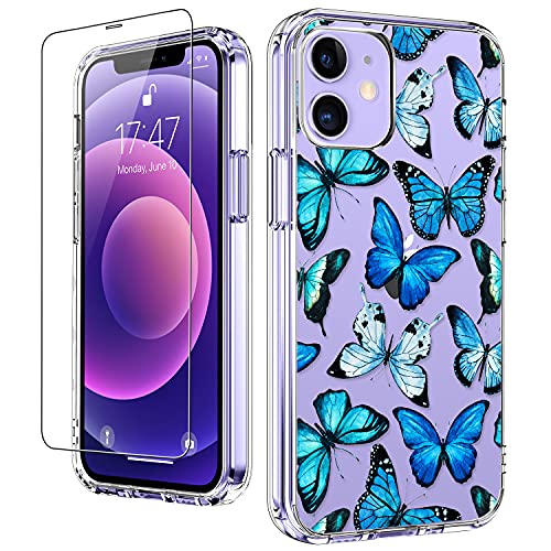 LUHOURI iPhone 12 Case, iPhone 12 Pro Case with Screen Protector, Clear Fashion Design Cover for Women Girls, Slim Fit Protective Phone Case for iPhone 12/12 Pro 6.1" Blue Butterflies Flower