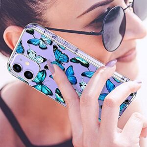 LUHOURI iPhone 12 Case, iPhone 12 Pro Case with Screen Protector, Clear Fashion Design Cover for Women Girls, Slim Fit Protective Phone Case for iPhone 12/12 Pro 6.1" Blue Butterflies Flower