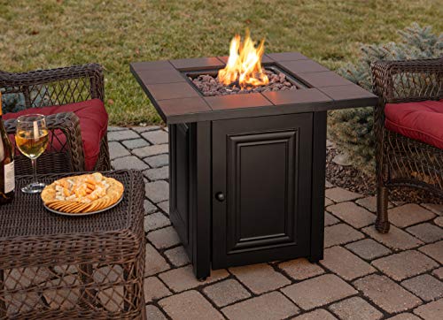 Endless Summer, The Vanderbilt, Square 28" Outdoor Propane Fire Pit with Handcrafted Ceramic Tile Mantel and Lava Rock