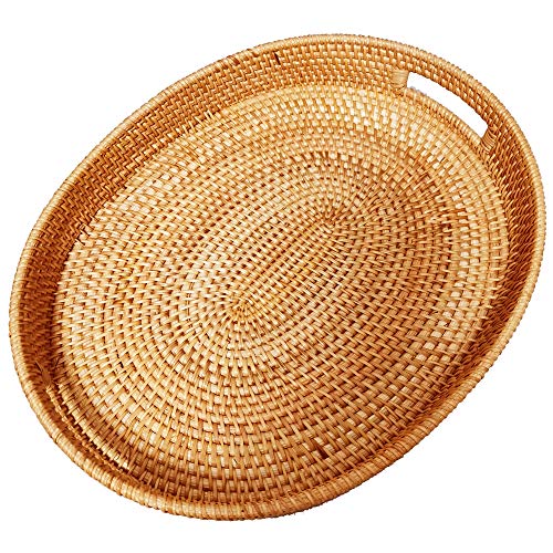 Oval Rattan X-Large Severing Tray for Fruit,Breakfast, Drinks,Food Storage Platters Plate Snack for Coffee Table, 17” Wicker Woven Serving Basket Ottoman Tray with Handles and 2.5”High Wall（XXL-43cm）