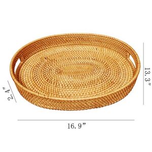 Oval Rattan X-Large Severing Tray for Fruit,Breakfast, Drinks,Food Storage Platters Plate Snack for Coffee Table, 17” Wicker Woven Serving Basket Ottoman Tray with Handles and 2.5”High Wall（XXL-43cm）