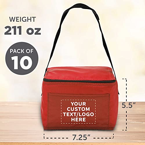 DISCOUNT PROMOS Custom Small Lunch Bags Set of 10, Personalized Bulk Pack - Insulated, Fits 6 Cans, Perfect for the Office, Picnic, Beach - Red