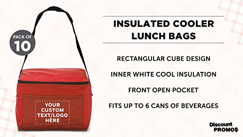 DISCOUNT PROMOS Custom Small Lunch Bags Set of 10, Personalized Bulk Pack - Insulated, Fits 6 Cans, Perfect for the Office, Picnic, Beach - Red