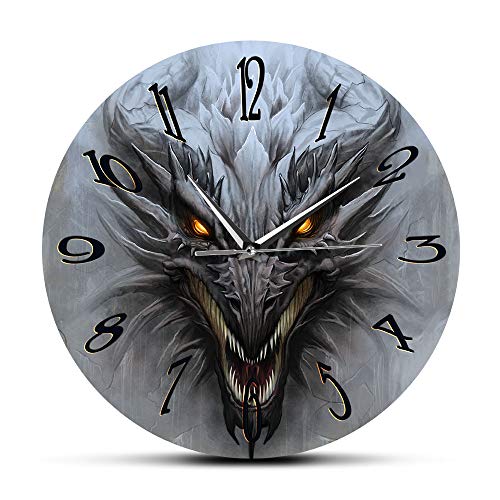 Wall Clock Dragon Wall Art Fantasy Scenery Modern Wall Clock Mythology Monster Dragon Head Silent Clock Wall Watch Home Art Interior Decor 12 inch Round Clock