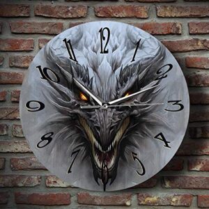 Wall Clock Dragon Wall Art Fantasy Scenery Modern Wall Clock Mythology Monster Dragon Head Silent Clock Wall Watch Home Art Interior Decor 12 inch Round Clock