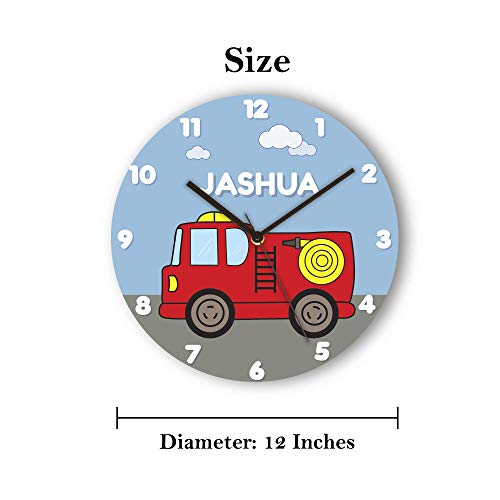 12 inch Personalized Fire Truck Kids Wall Clock, Kids Wall Clock with Name, Educational Clock, Silent Movement Non Ticking Quartz Wall Clocks, Kids Birthday Gift, Children Room Decor