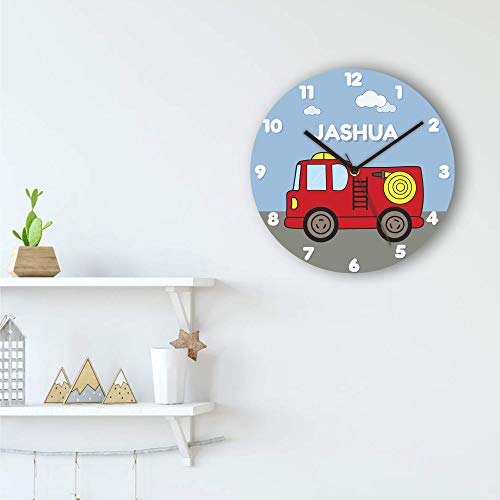 12 inch Personalized Fire Truck Kids Wall Clock, Kids Wall Clock with Name, Educational Clock, Silent Movement Non Ticking Quartz Wall Clocks, Kids Birthday Gift, Children Room Decor