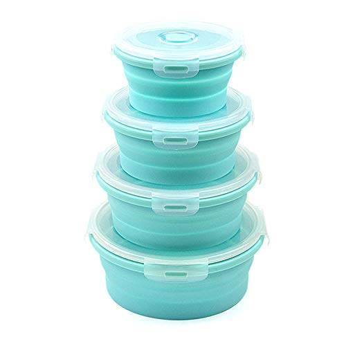 URBEST Collapsible Bowls, Silicone Food Storage Containers with Lids for Camping, Set of 4 Round Silicone Lunch Containers, Microwave and Freezer Safe (Blue, 4)