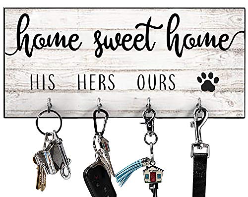 His, Hers, Ours, Paws Key Holder for Wall | Entryway Key Hook Decorative, Rustic Key Hangers for Wall | Dog Leash Holder for Wall, Farmhouse Home Decor Key Hooks | Home Sweet Home Sign