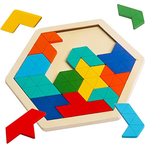 Wooden Hexagon Puzzle for Kid Adults Brain Teaser Blocks Puzzles Games Toy Shape Pattern Block Tangram Geometry Logic IQ STEM Montessori Educational Gift for All Ages Children Boys Girls Challenge