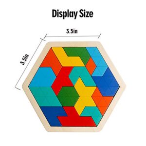 Wooden Hexagon Puzzle for Kid Adults Brain Teaser Blocks Puzzles Games Toy Shape Pattern Block Tangram Geometry Logic IQ STEM Montessori Educational Gift for All Ages Children Boys Girls Challenge