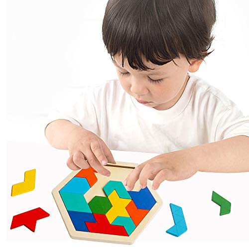 Wooden Hexagon Puzzle for Kid Adults Brain Teaser Blocks Puzzles Games Toy Shape Pattern Block Tangram Geometry Logic IQ STEM Montessori Educational Gift for All Ages Children Boys Girls Challenge