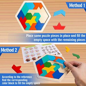 Wooden Hexagon Puzzle for Kid Adults Brain Teaser Blocks Puzzles Games Toy Shape Pattern Block Tangram Geometry Logic IQ STEM Montessori Educational Gift for All Ages Children Boys Girls Challenge