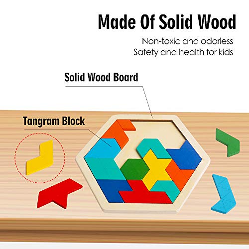 Wooden Hexagon Puzzle for Kid Adults Brain Teaser Blocks Puzzles Games Toy Shape Pattern Block Tangram Geometry Logic IQ STEM Montessori Educational Gift for All Ages Children Boys Girls Challenge