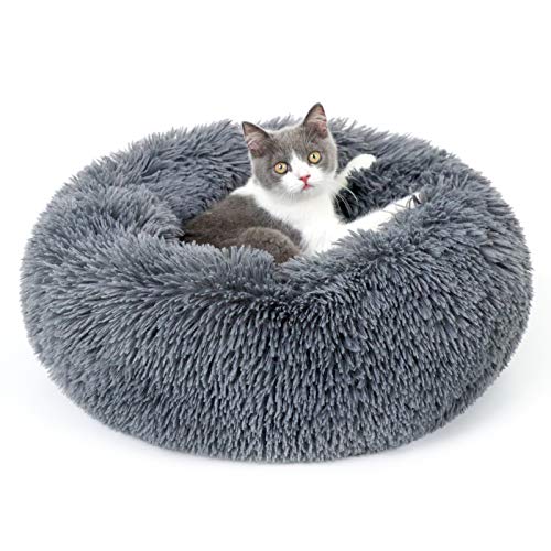 rabbitgoo Cat Beds for Indoor Cats, 20 inches Cat Bed Machine Washable, Fluffy Round Pet Bed Non-Slip, Calming Soft Plush Donut Cuddler Cushion Self Warming for Small Dogs Kittens, Dark Grey, Medium