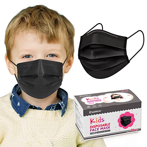 Comix Kids Face Mask, Kids Disposable Face Mask, Face Mask for Kids Boys Girls, 3 layer face mask, Pack of 50, Black