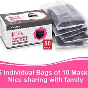 Comix Kids Face Mask, Kids Disposable Face Mask, Face Mask for Kids Boys Girls, 3 layer face mask, Pack of 50, Black