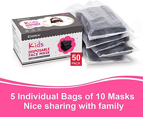 Comix Kids Face Mask, Kids Disposable Face Mask, Face Mask for Kids Boys Girls, 3 layer face mask, Pack of 50, Black