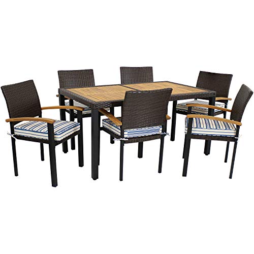 Sunnydaze Carlow Outdoor Dining Set - 7-Piece Rattan and Acacia Outside Patio Furniture - 1 Table and 6 Chairs with Thick Seat Cushions - Blue Stripe