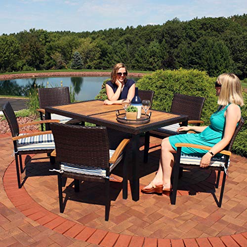 Sunnydaze Carlow Outdoor Dining Set - 7-Piece Rattan and Acacia Outside Patio Furniture - 1 Table and 6 Chairs with Thick Seat Cushions - Blue Stripe