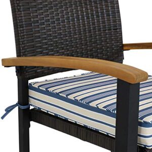 Sunnydaze Carlow Outdoor Dining Set - 7-Piece Rattan and Acacia Outside Patio Furniture - 1 Table and 6 Chairs with Thick Seat Cushions - Blue Stripe