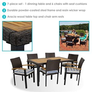 Sunnydaze Carlow Outdoor Dining Set - 7-Piece Rattan and Acacia Outside Patio Furniture - 1 Table and 6 Chairs with Thick Seat Cushions - Blue Stripe