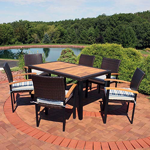 Sunnydaze Carlow Outdoor Dining Set - 7-Piece Rattan and Acacia Outside Patio Furniture - 1 Table and 6 Chairs with Thick Seat Cushions - Blue Stripe