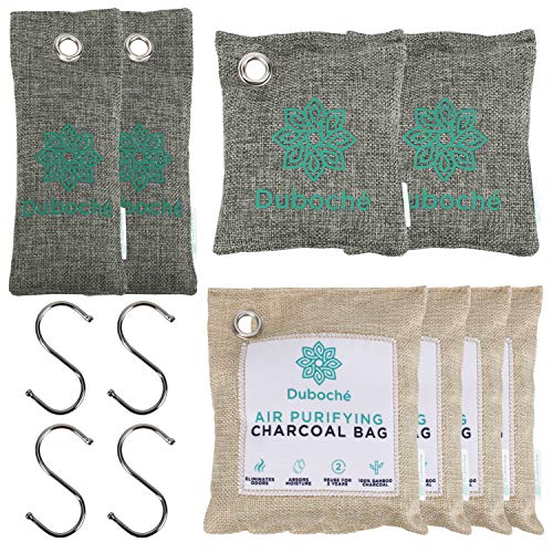 Duboché Bamboo Charcoal Bags for , 8 Pack, Natural Air Purifying Bundle with S Hooks, Moisture Absorbent Odor Eliminator for Gym Bags, Car, Shoes, Bathroom, or Pet Areas